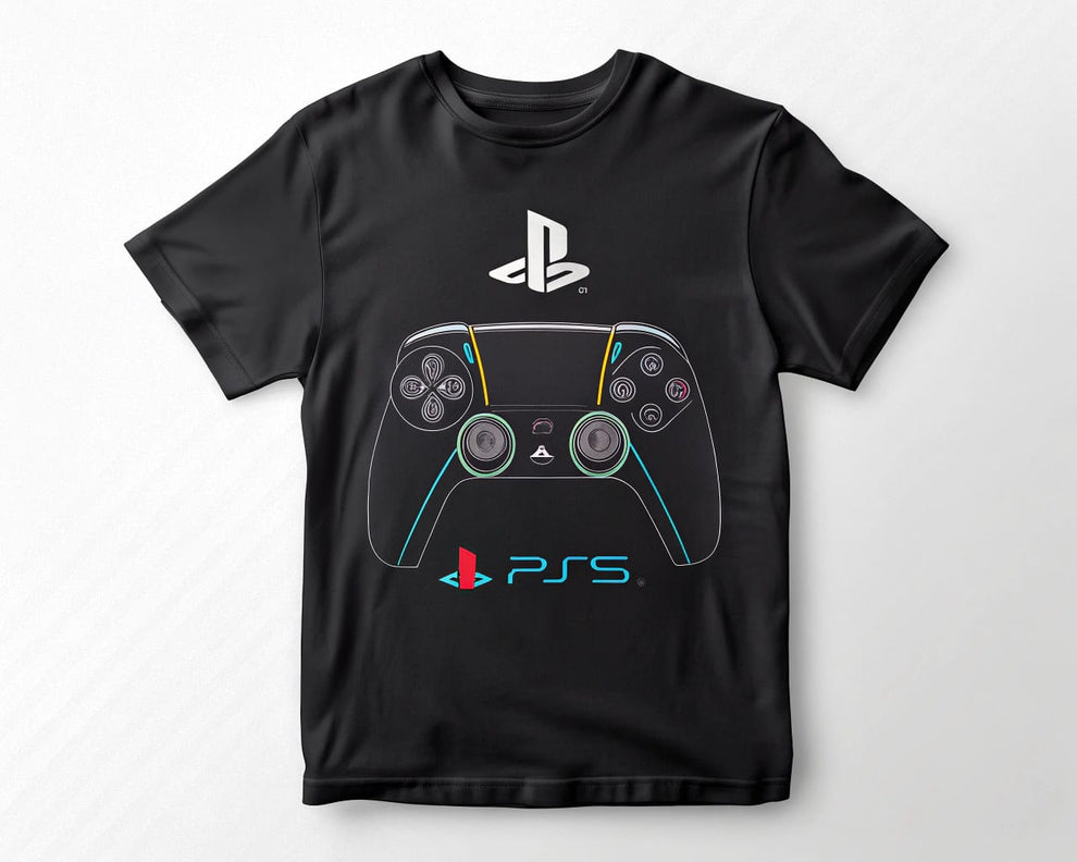 PS5 Console & Controller Printed Black Short Sleeve Cotton T-Shirt – G ...